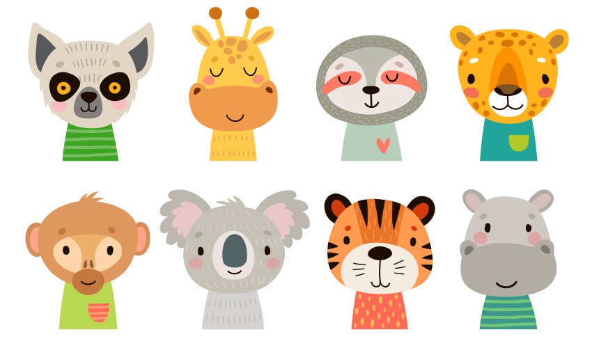 Cute animal faces hand drawn characters Royalty Free Vector