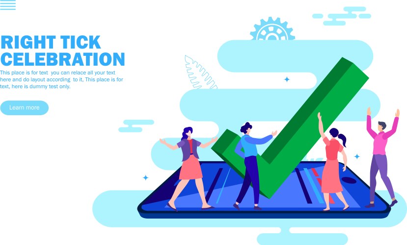 Team celebrating around right tick on mobile Vector Image