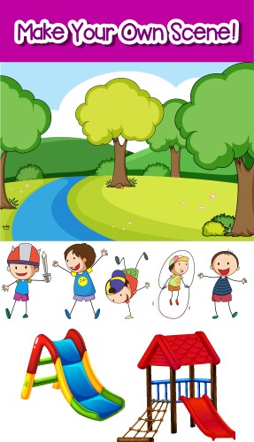 Scene with many kids playing slide Royalty Free Vector Image