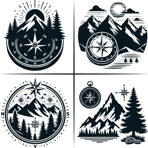 Compass with mountain scene silhouette file Vector Image