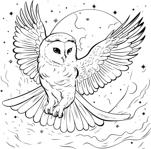 Owl flying in the night sky coloring page Vector Image