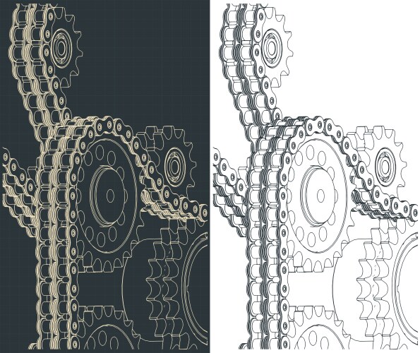 Chain drive and gears drawings Royalty Free Vector Image