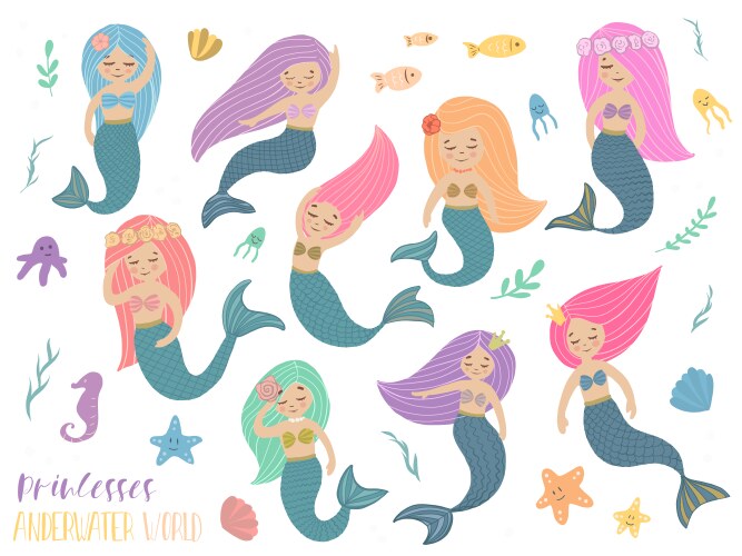 Cartoon beautiful little mermaid in a wreath Vector Image