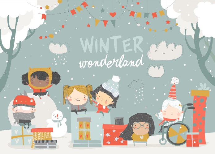 Cartoon happy children enjoying winter hello snow Vector Image
