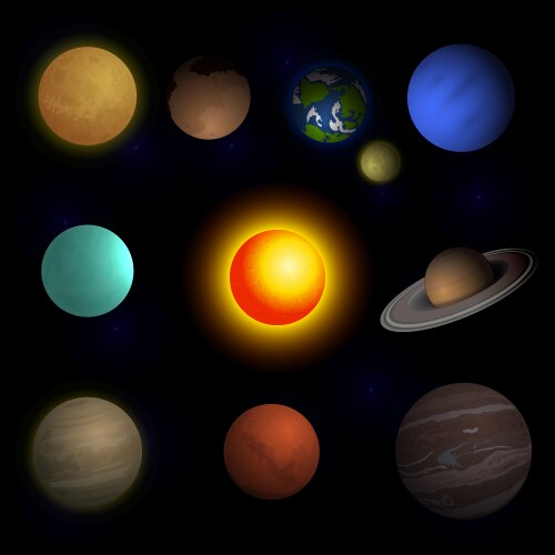 Planets position in space near sun Royalty Free Vector Image