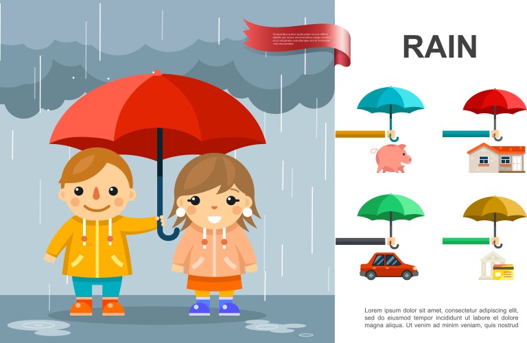 Three kids in the rain Royalty Free Vector Image