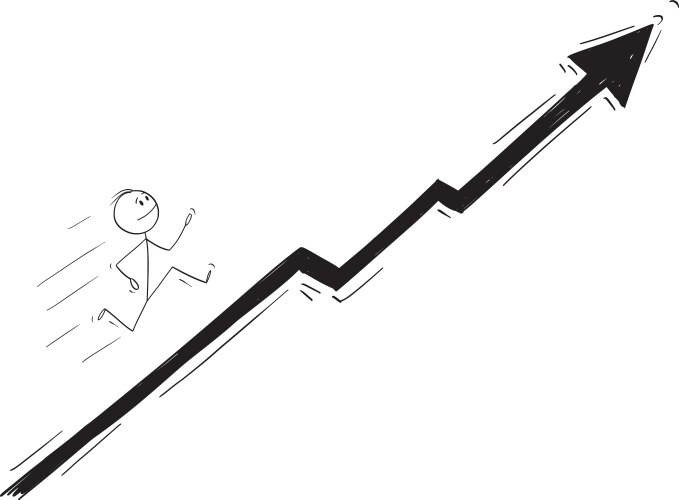 Cartoon of business man walking carefully on graph