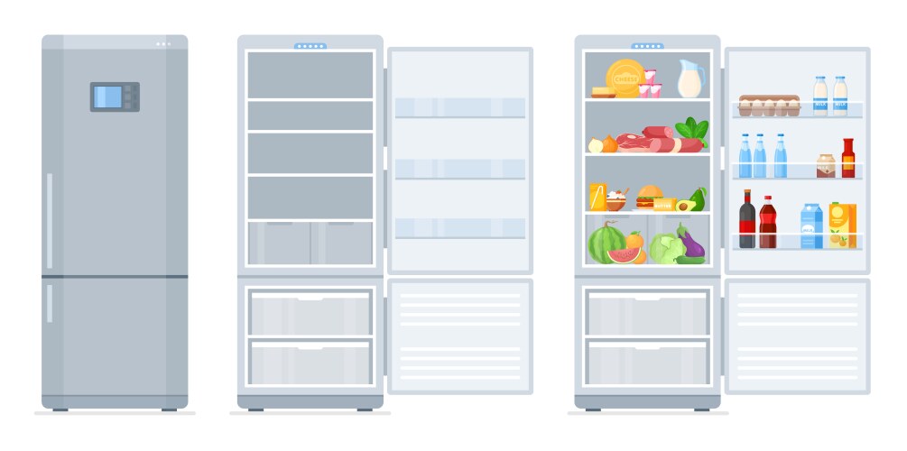 Open fridge with products isolated on white color Vector Image