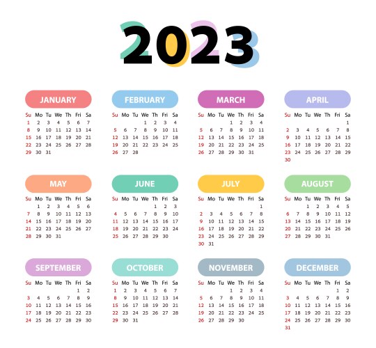 2023 calendar with weeks start on sunday Vector Image