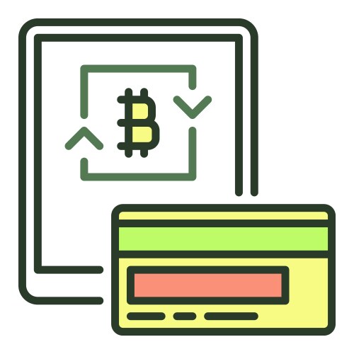Bitcoin on tablet screen and debit card Royalty Free Vector