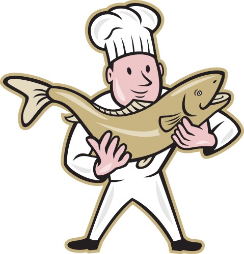Cartoon chef fish holding a soup ladle Royalty Free Vector