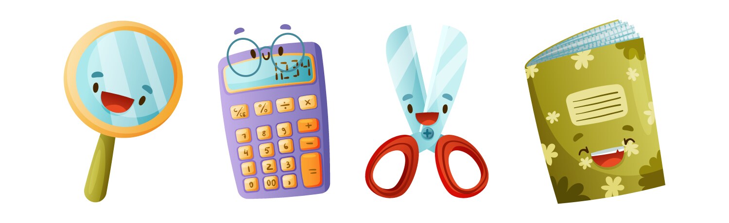 Funny school items with smiling faces as cartoon Vector Image