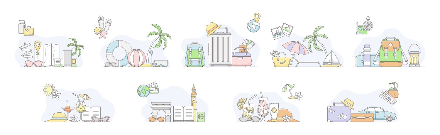 Travel and tourism element object line Royalty Free Vector