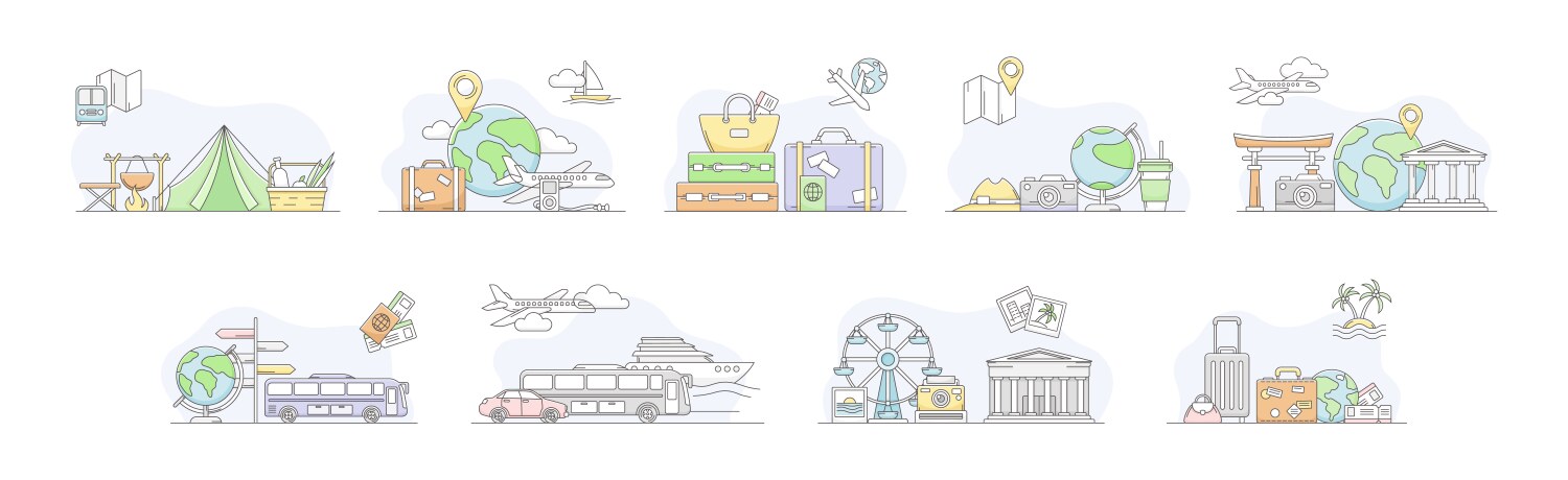 Travel and tourism element object line Royalty Free Vector