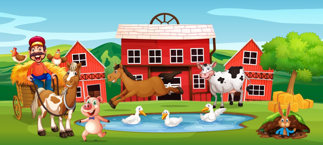 Farmer and farm animal in the farmyard Royalty Free Vector
