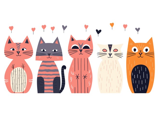 Five cute colorful cartoon cats lined up row Vector Image