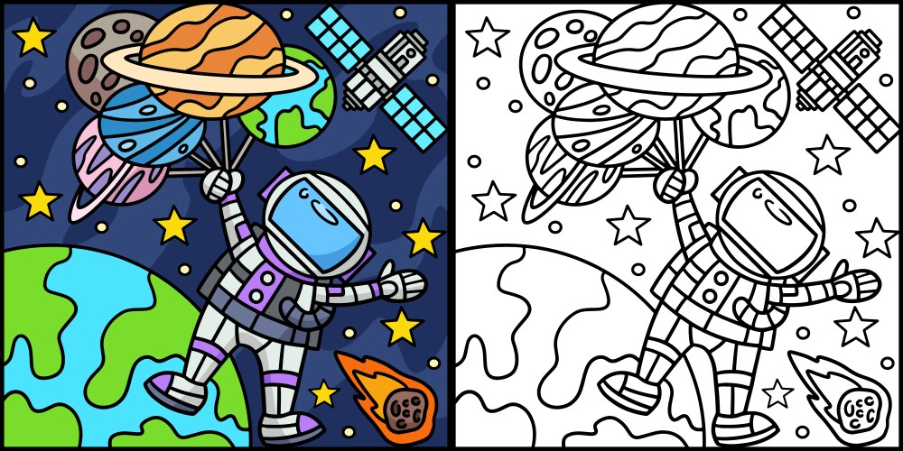 Astronaut holding balloon planet coloring page Vector Image