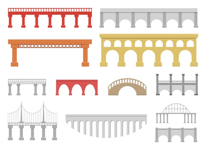 Types of bridges in linear style set Royalty Free Vector