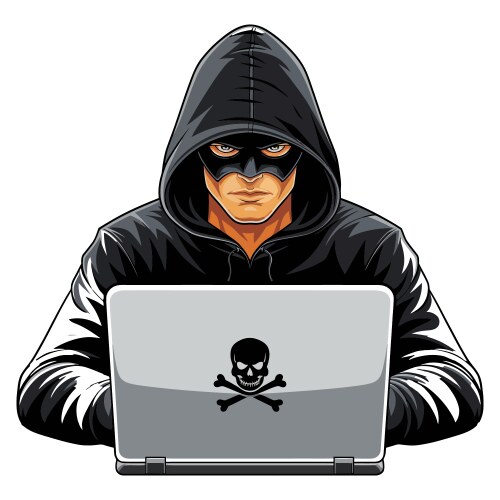 Masked hacker with laptop Royalty Free Vector Image