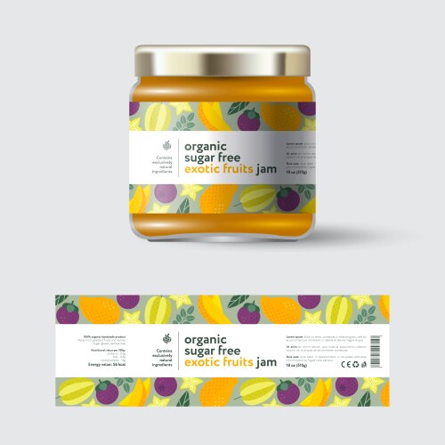 Jam mango label and packaging jar with cap Vector Image