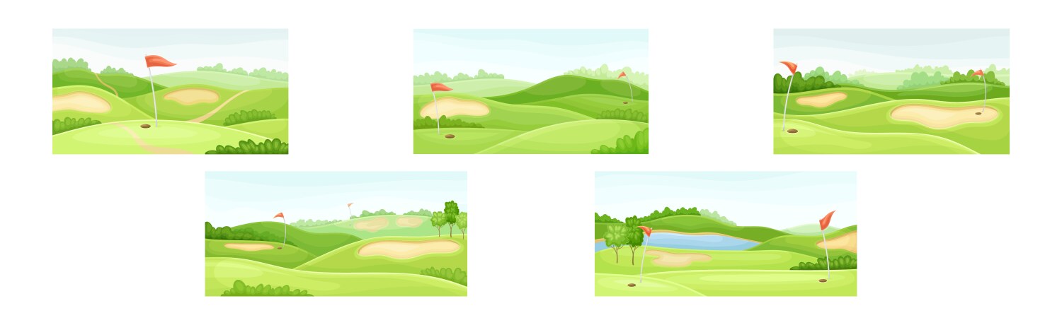Green golf courses with hole and red flag pole Vector Image