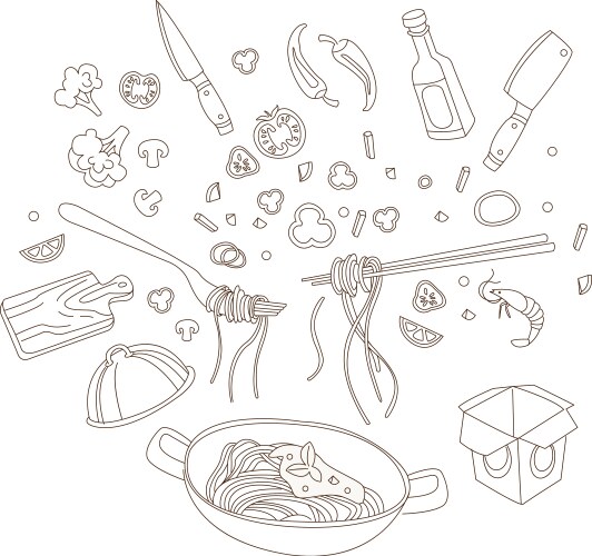 Asian wok pan and noodle boxes Royalty Free Vector Image