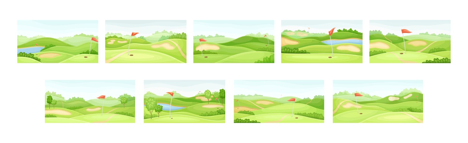 Green golf courses with hole and red flag pole Vector Image