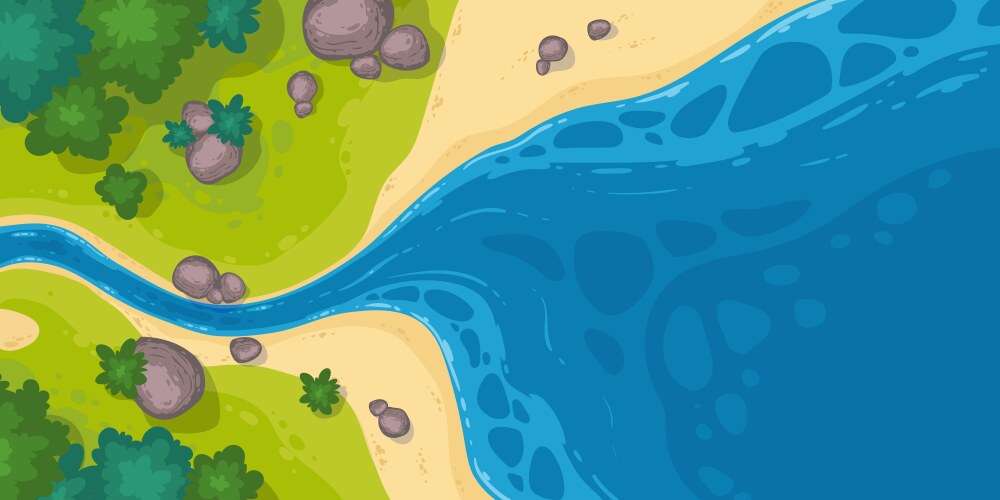 Cartoon landscape stream flow into mountain lake Vector Image
