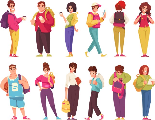 Cartoon cheerful college students set Royalty Free Vector