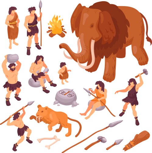 Cave age people family tribe isolated set Vector Image