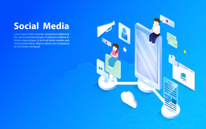 Isometric social media horizontal concept Vector Image