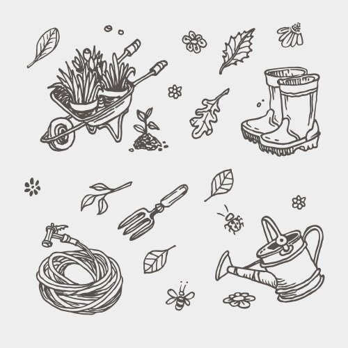 Big set hand-drawn garden elements gardening Vector Image