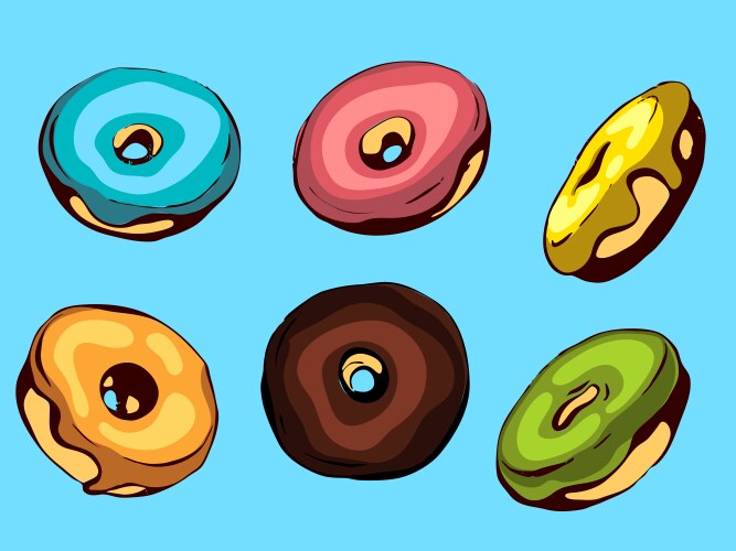Nine different donuts set cartoon style Royalty Free Vector