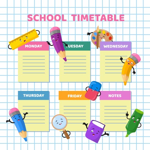 School timetable with cartoon bugs and insects Vector Image