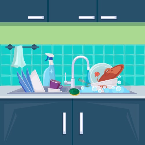Cartoon kitchen sink with different kitchenware Vector Image