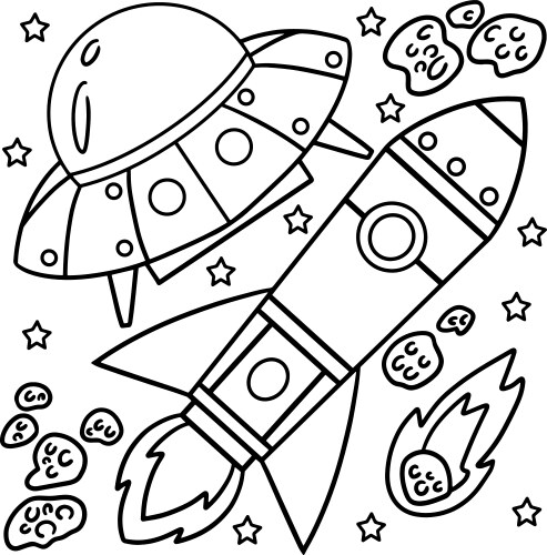Ufo and rocket ship in space coloring Royalty Free Vector