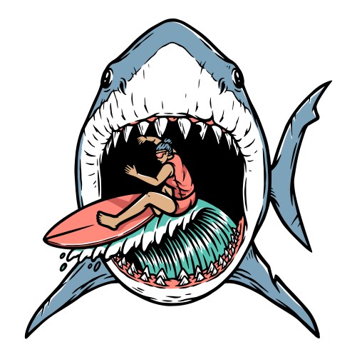 Set cartoon great white shark surfing Royalty Free Vector