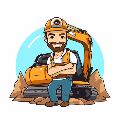Cartoon construction worker with excavator Vector Image