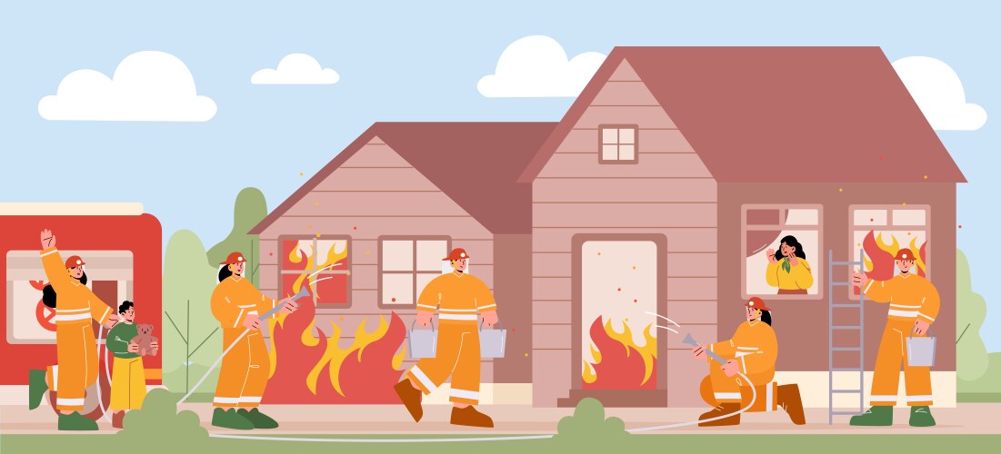 Fireman extinguish fire on house Royalty Free Vector Image
