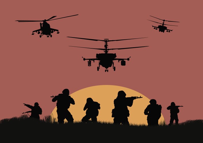 Soldiers going to attack and helicopters Vector Image