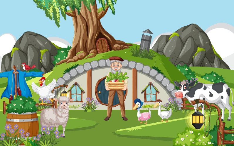 Hobbit house with farm animals Royalty Free Vector Image