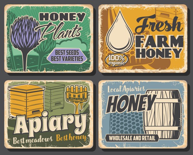 Beekeeping apiary posters retro honey honeycomb Vector Image