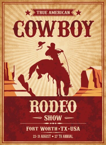Rodeo poster with a cowboy sitting on rearing Vector Image