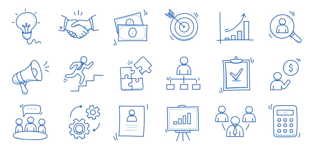 Doodle line icon set work business job search Vector Image