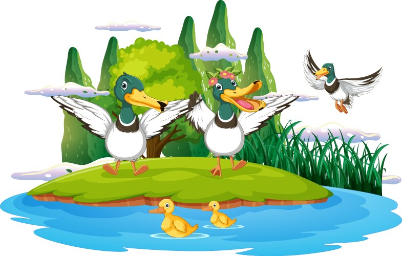 Happy duck group in nature scene Royalty Free Vector Image