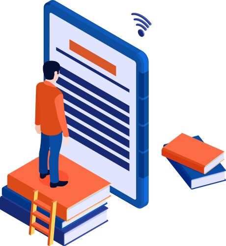 Tiny reader characters utilize online library Vector Image