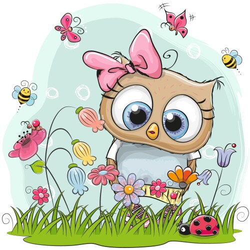 Cute cartoon owl on a meadow Royalty Free Vector Image