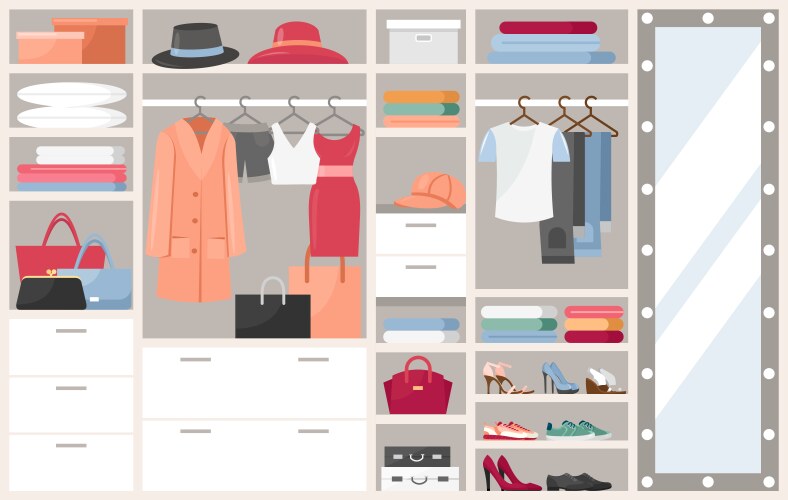 Large wardrobe with different clothes Royalty Free Vector