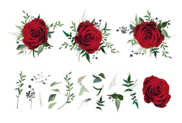 Burgundy red green watercolor floral bouquets Vector Image