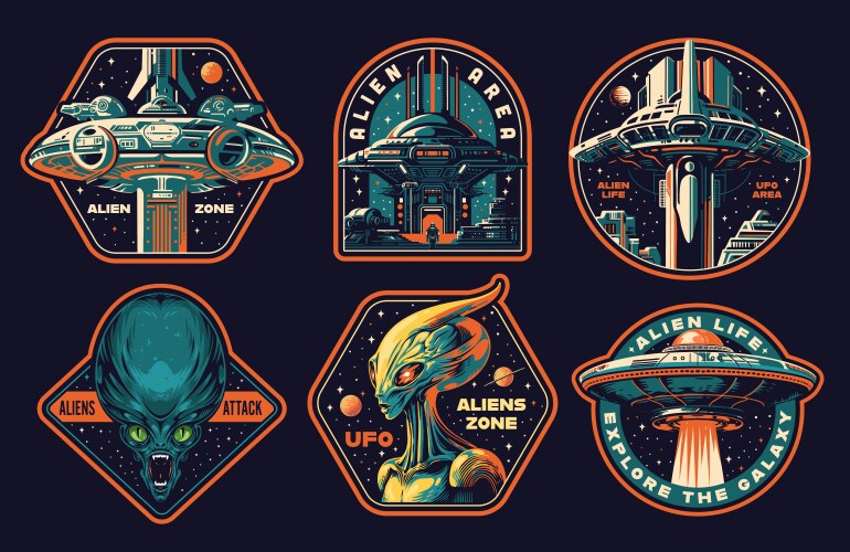 Aliens martians set emblems colorful Royalty Free Vector